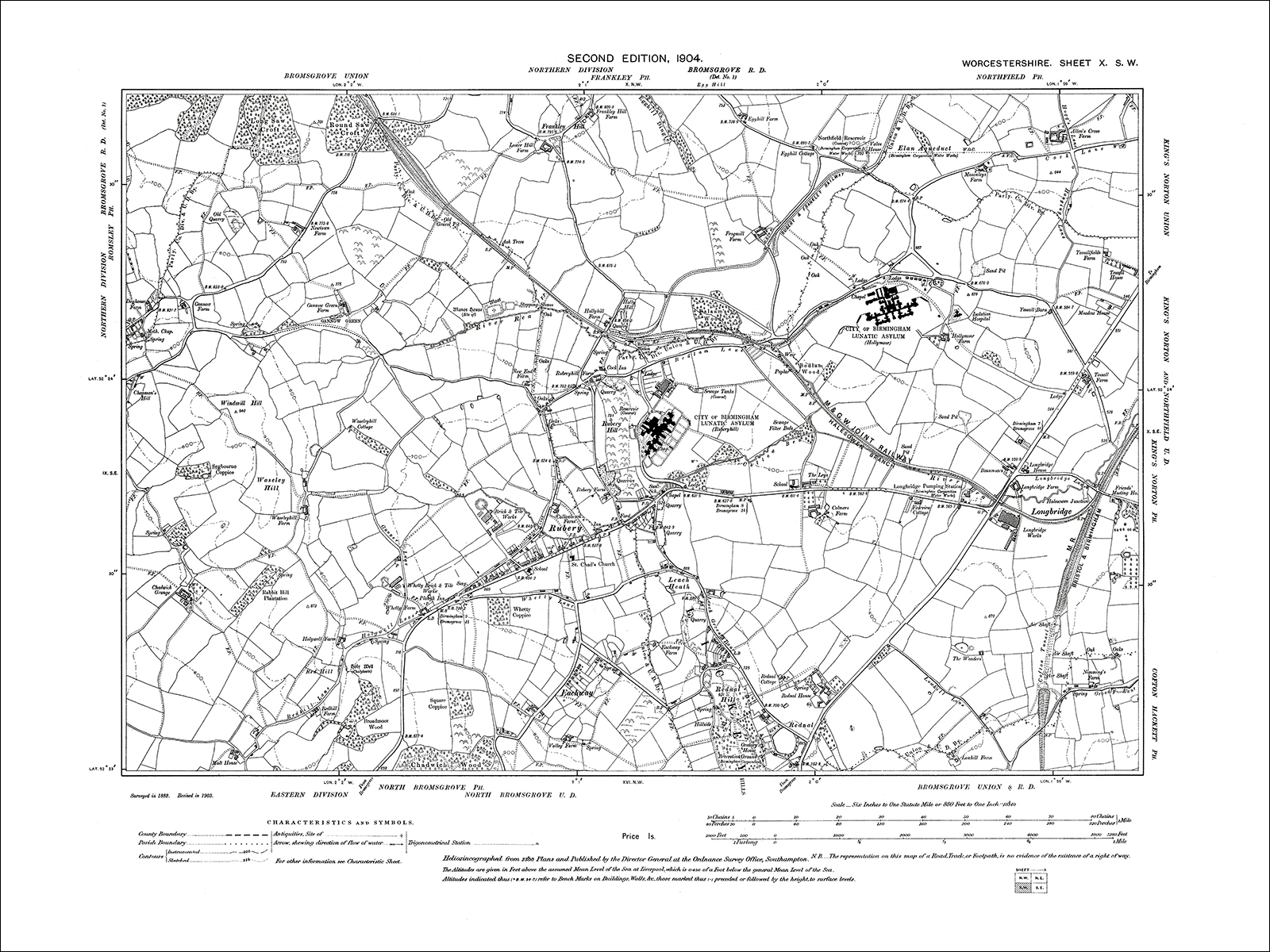 Longbridge, Rubery, Ruberyhill & Hollymoor Asylums, old map Worcs 1904 ...