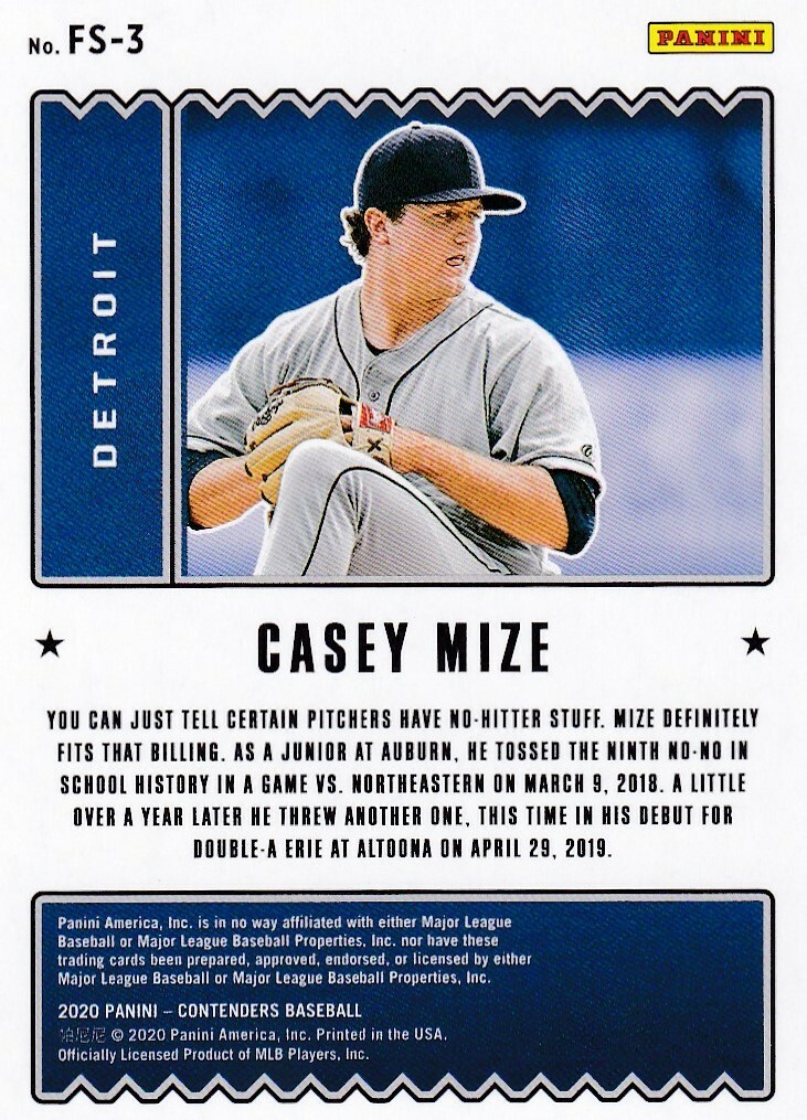 2020 CONTENDERS FUTURE STARS RC CASEY MIZE DETROIT TIGERS ROOKIE B5914 ...