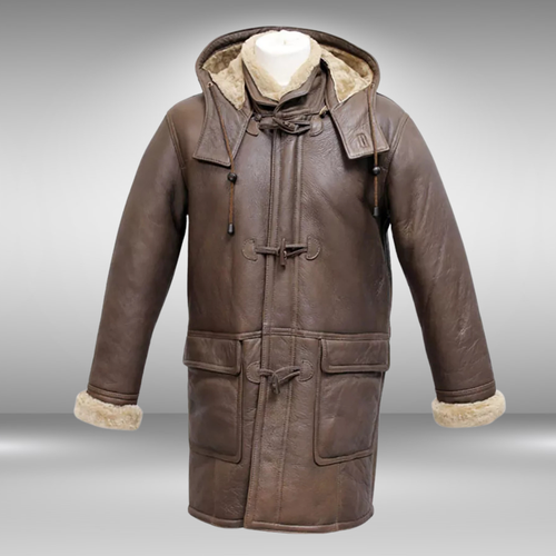 Men's Rufus Brown Real Shearling Sheepskin Leather Duffle Coat Shipping ...