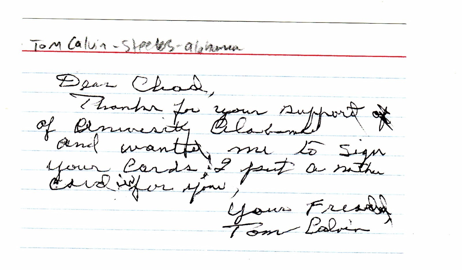 TOM CALVIN PITTSBURGH STEELERS ALABAMA AUTOGRAPHED INDEX CARD ...