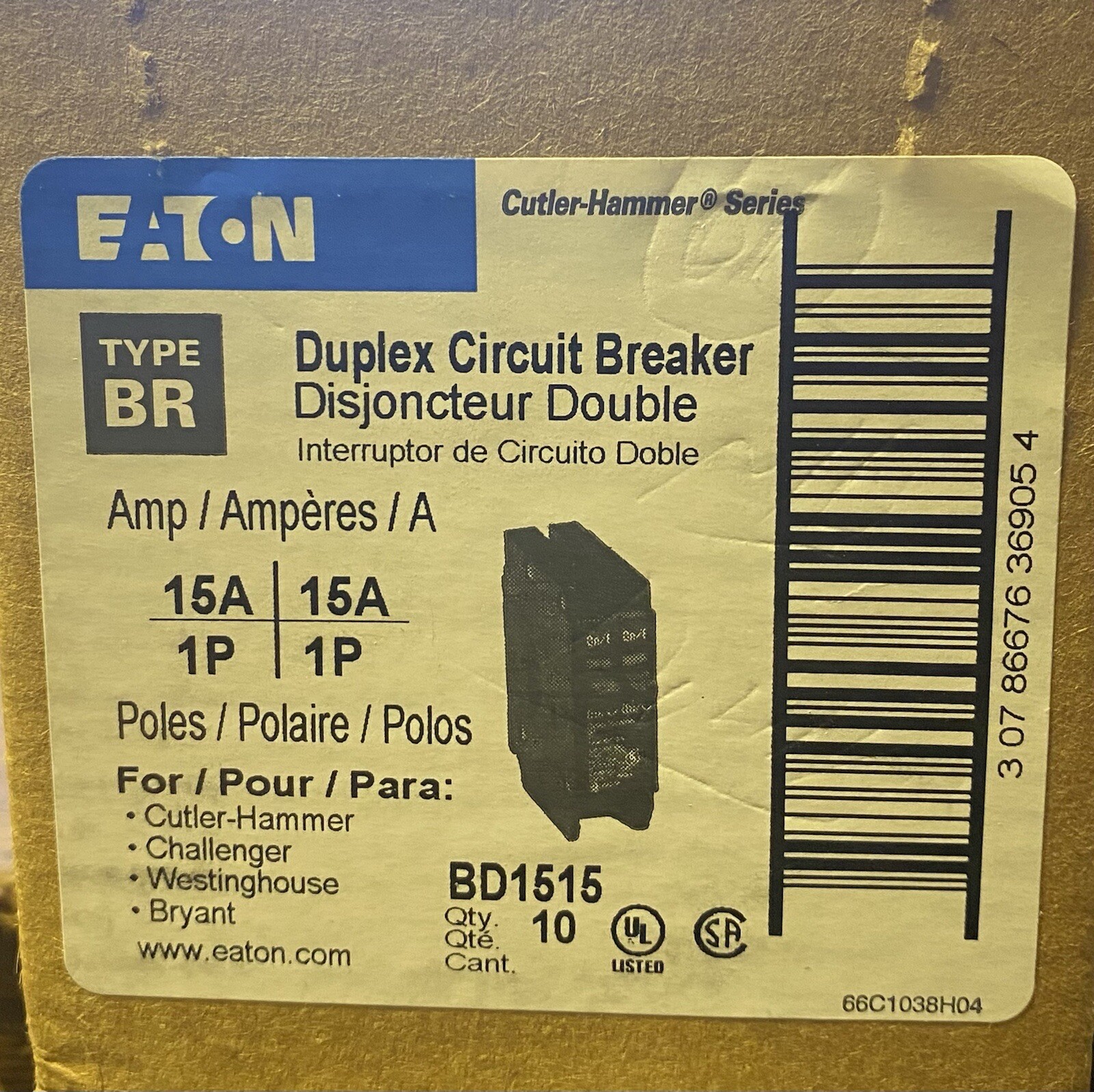 EATON CUTLER HAMMER BD1515 Type BR BRD 2 Single Pole 15 AMP Duplex | eBay