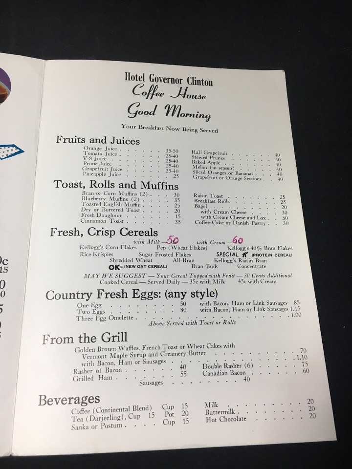 Rare Vintage 60s 1962 Hotel Governor Clinton Coffee House Menu | eBay