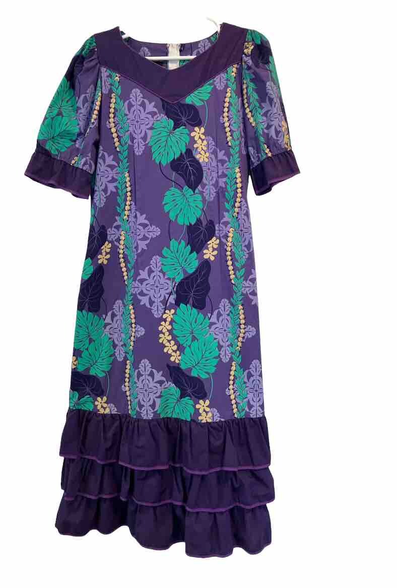 Hoku Hawaii Purple Muumuu Ruffles MIDI Floral Ferns S… - Gem