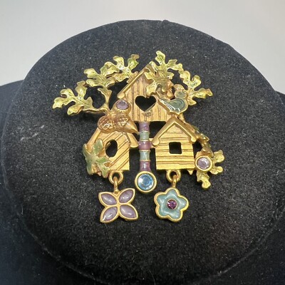 Signed KC Bird Houses Bird Flower Enamel Rhinestone Brooch Pin | eBay