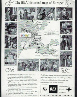 BEA BRITISH EUROPEAN AIRWAYS 1957 HISTORICAL MAP OF EUROPE 50 CITIES ...