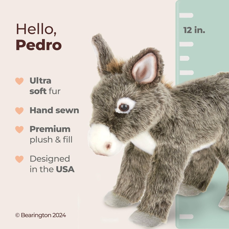 Bearington Pedro Donkey Stuffed Animal- 12" Huggable Baby Donkey Plush ...