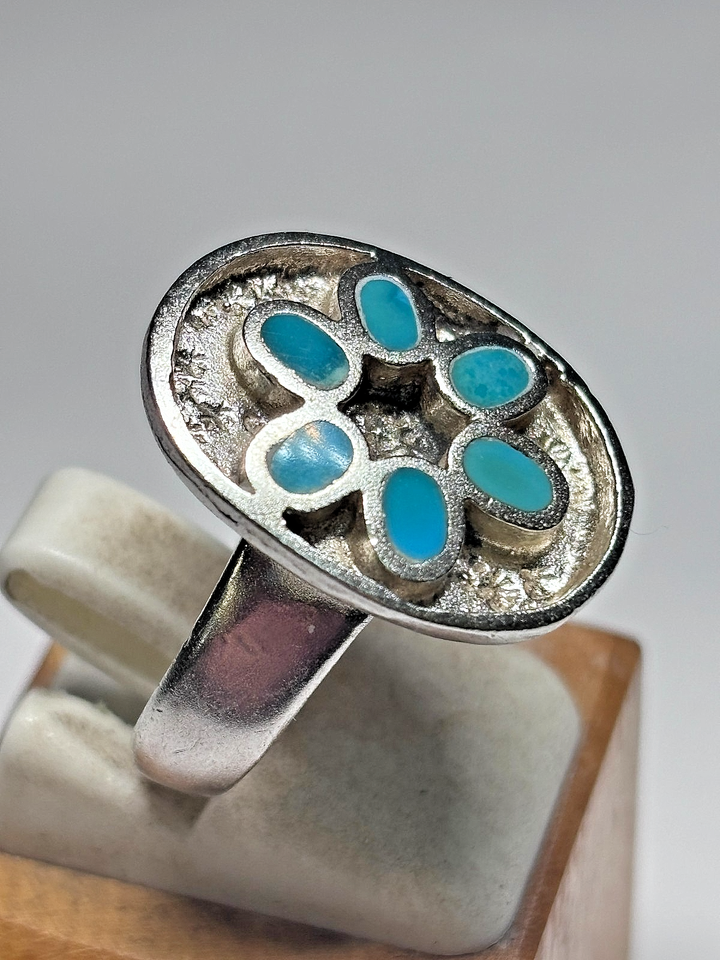 925 Silver Turquoise Inlay Flower Design Bypass Ring 5.2g Sz 6.25 ...