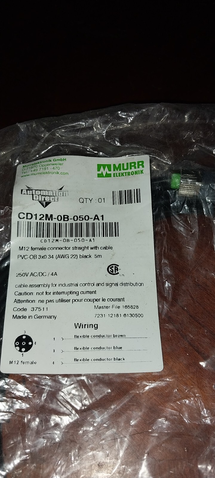 CD12M-0B-050-A1 Automation Direct Straight M12 Connector 5 Meter Cable ...