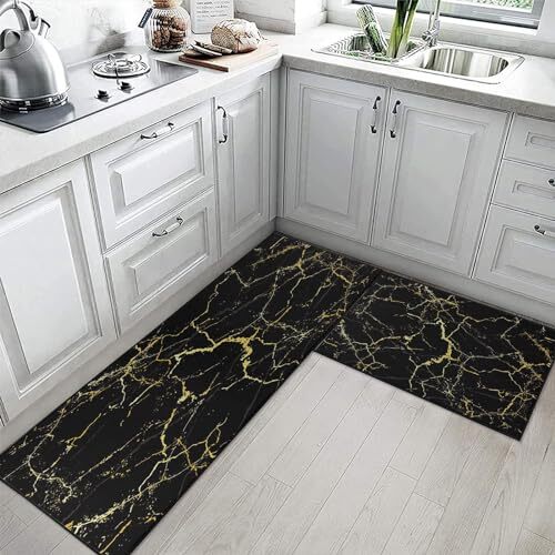 Black Kitchen Rug Mat Marble Kitchen Rugs Sets of 2 Washable Non-Slip ...