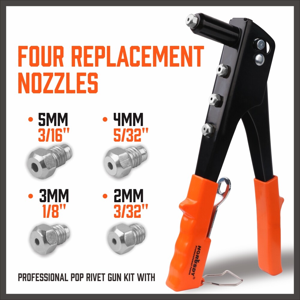 Pop Rivet Gun Set Manual Riveter Hand Riveting Gun Tool 4 Rivet Heads ...