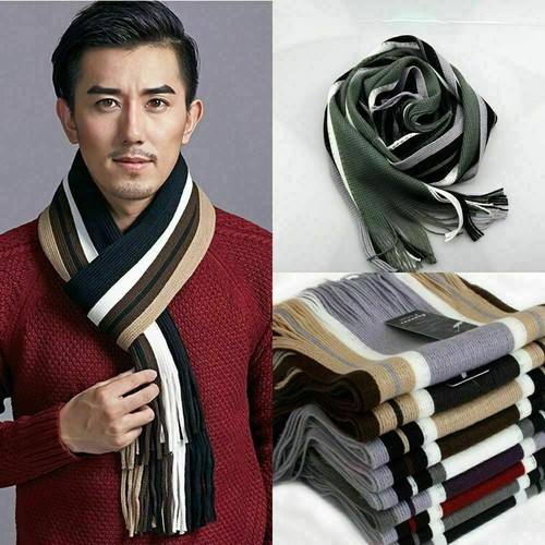 Mens Cashmere Striped Scarf Winter Soft Fringe Tassel Long Shawl Stole ...
