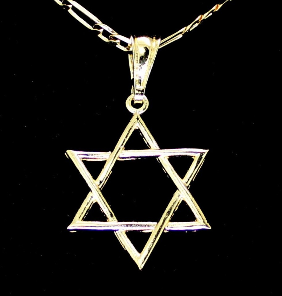 14k Gold Plated 6 Point Hexagram Star of David Pendant 20" Figaro Chain ...
