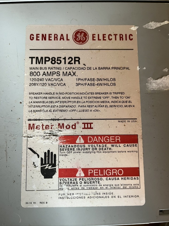 NEW G.E MODULAR METER STACK TMP8512R 5 SOCKET RING 800 AMPS, 3PH-4W ...