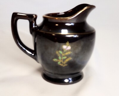 Vintage CREAMER cream server Black Glazed Pottery hand painted floral ...