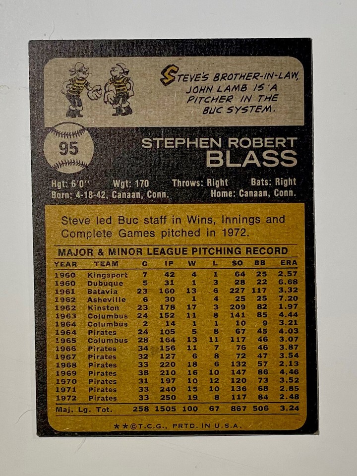 1973 Topps Baseball Card #95 Steve Blass Pitcher Pittsburgh Pirates | eBay