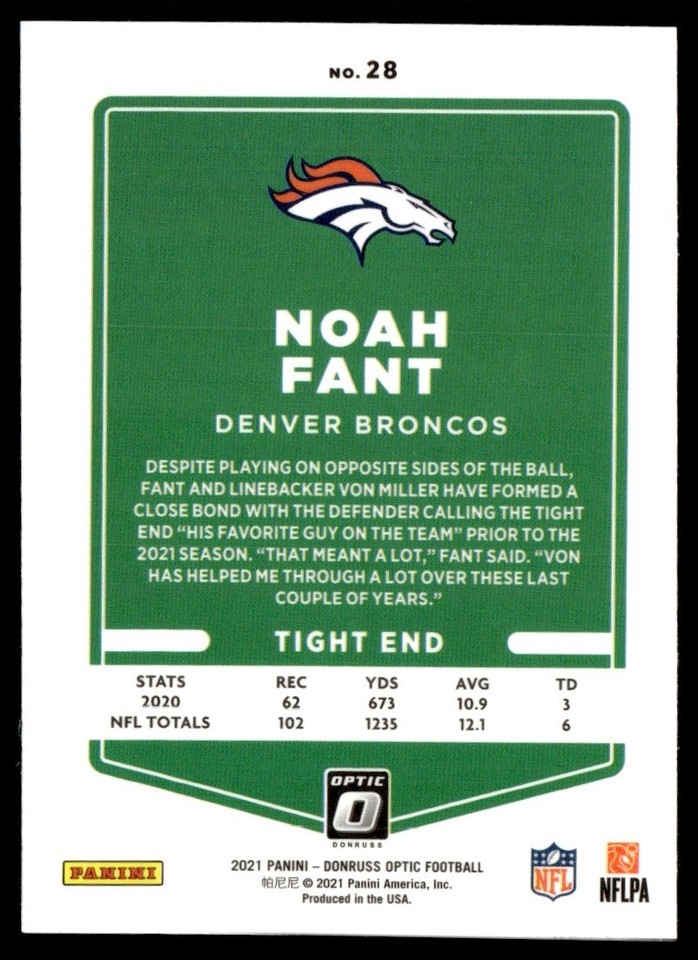 2021 Donruss Optic Noah Fant Denver Broncos #28 | eBay