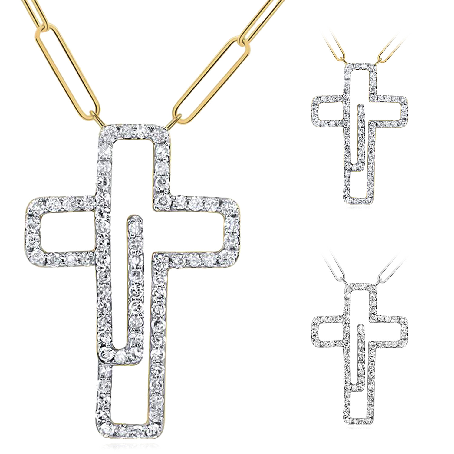 Real Diamond 10K Gold Yellow White Paperclip Cross Pendant Necklace 18 ...