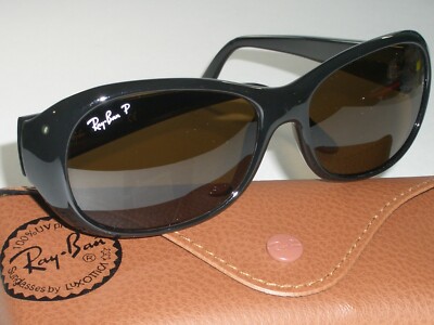 LADIES RAY BAN RB4061 SHINY BLACK POLARIZED BROWN CRYSTAL WRAP ...