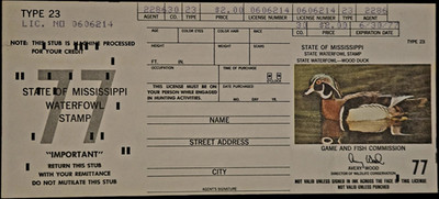 1977 Mississippi State Waterfowl Stamp Hunting License Type 23 Vintage ...