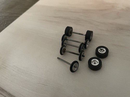 VINTAGE AURORA TJET AJ"S"ALUMUNUM RIMS,TIRES AND AXLE HO SLOT CAR Parts ...