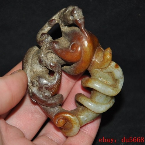 3"old China Ancient Hetian jade Carved fengshui Brave troops Pixiu ...