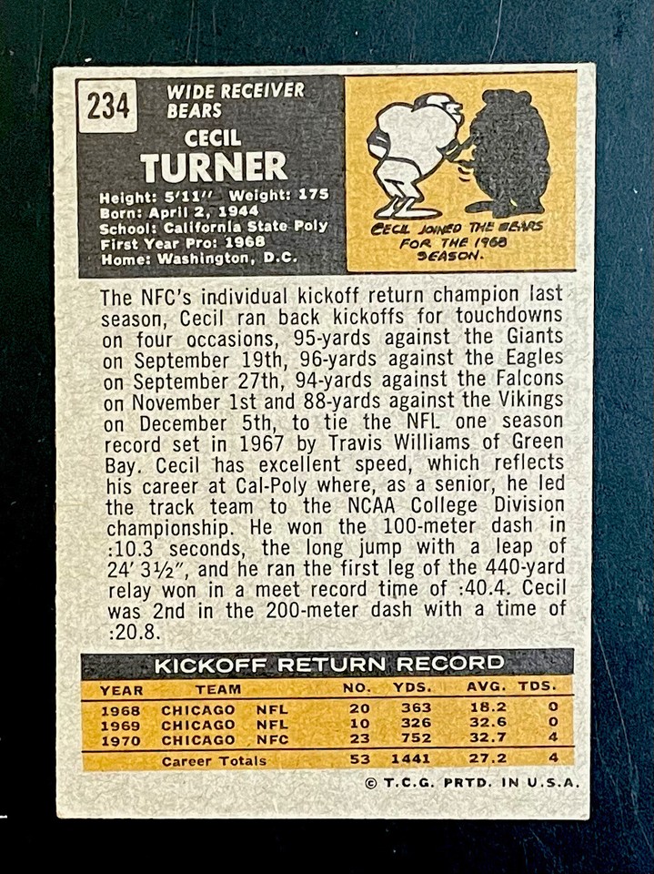 1971 Topps RC #234 Cecil Turner Chicago Bears Vintage Rookie Football ...
