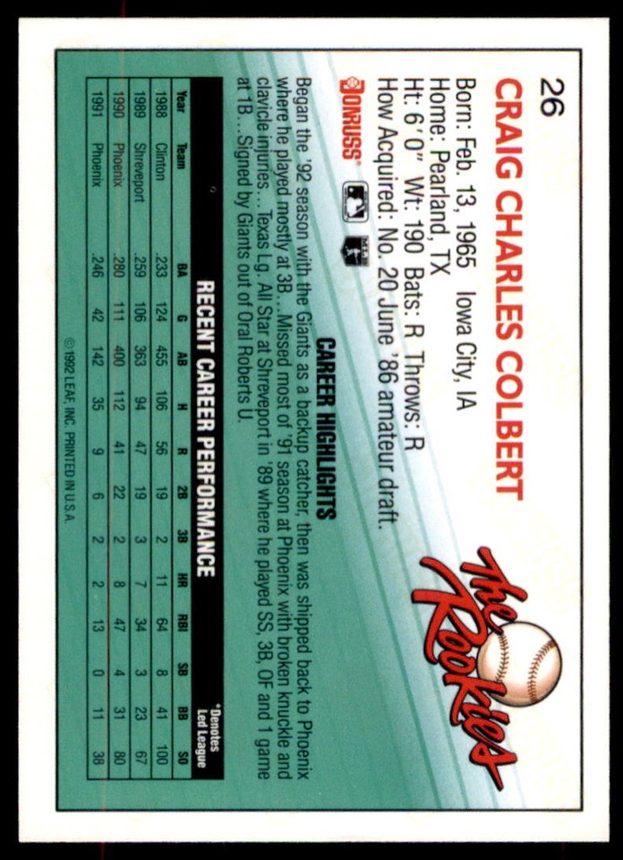 1992 Donruss The Rookies Craig Colbert #26 San Francisco Giants ...