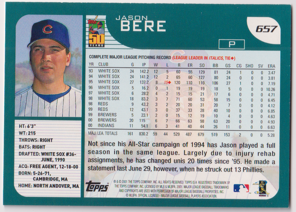 2001 Topps HTA #657 Jason Bere Chicago Cubs | eBay