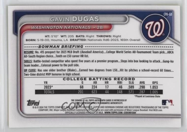 2024 Bowman Chrome Prospect Auto Yellow Refractor /75 Gavin Dugas #CPA ...