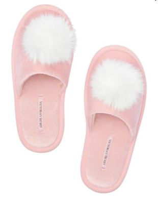 NWT VICTORIA'S SECRET WOMEN FUR POM POM SLIP ON LIGHT PINK SLIPPERS ...