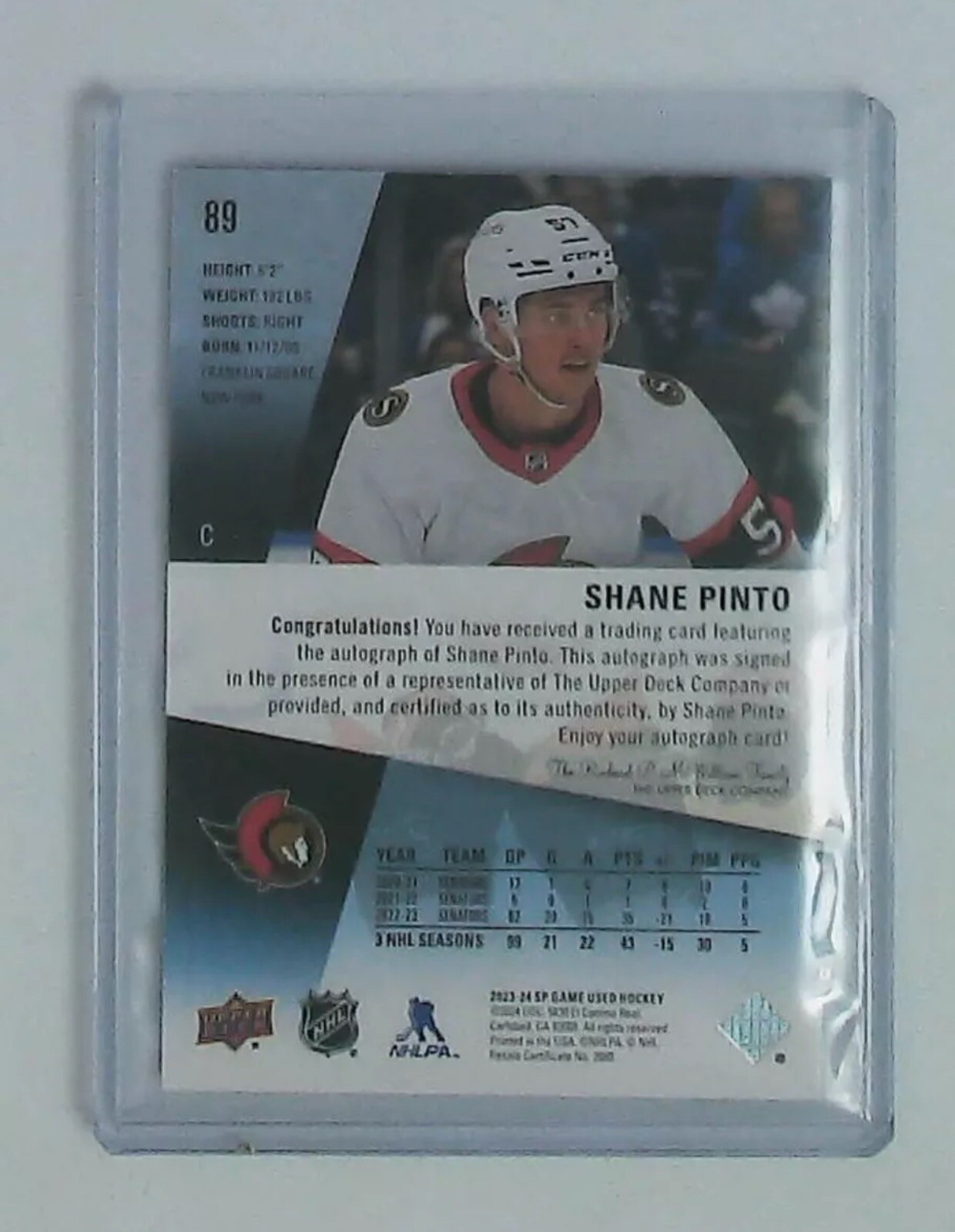 2023-24 SP Game Used Hockey SHANE PINTO Blue Parallel Auto Card #255 ...