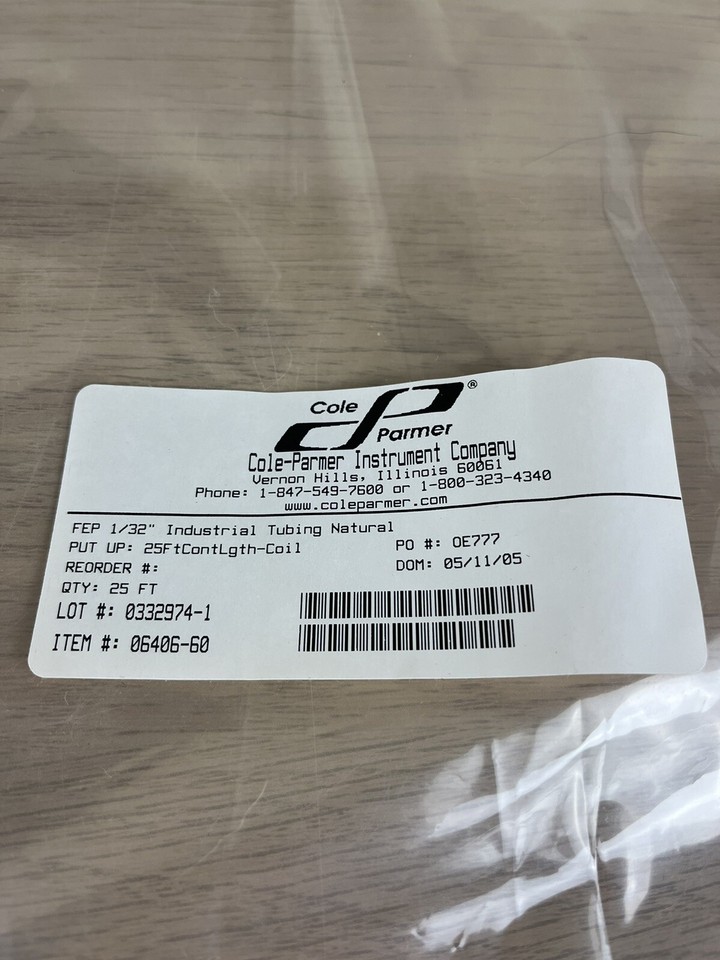 Cole Parmer 1/32" Industrial Tubing Natural 25' Labatory 06406-60 | eBay