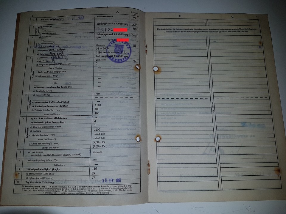 Fahrzeugbrief KFZ Brief 1964 VW Käfer Typ 11 34PS 1200 f. Sammler als ...