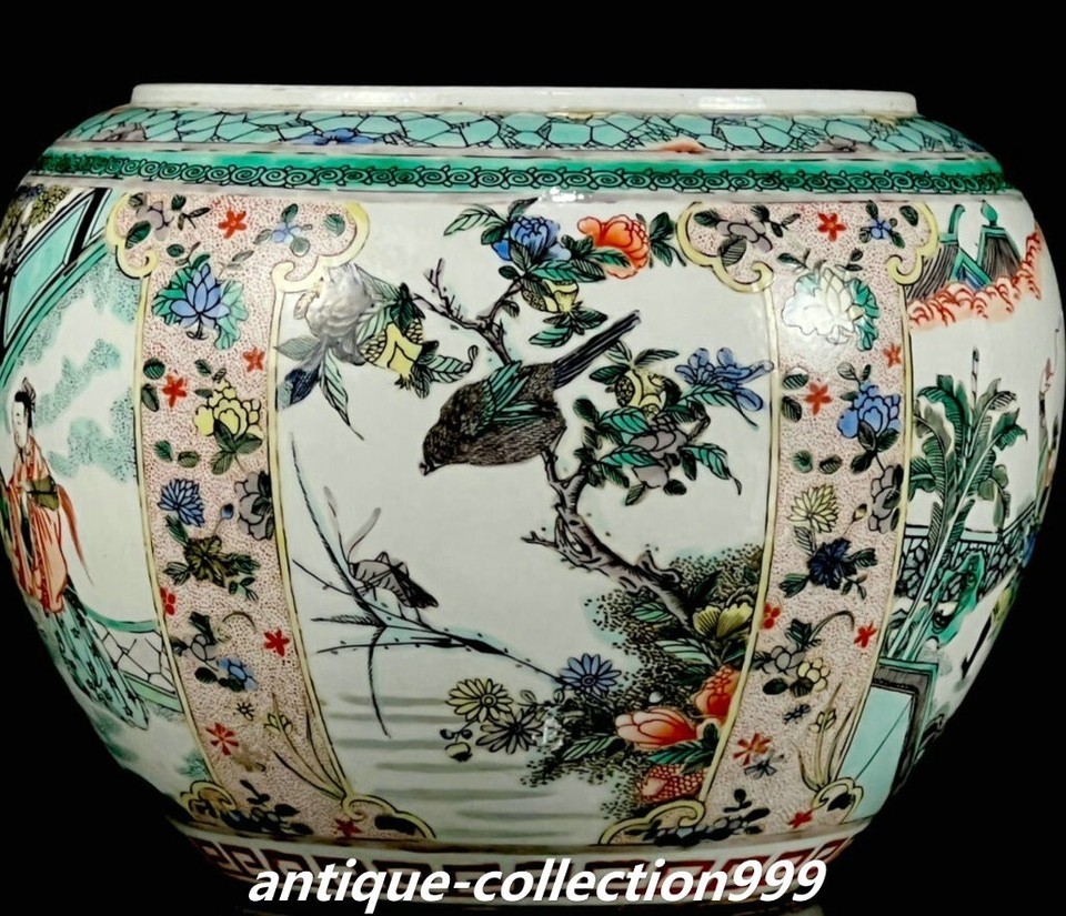 8.6" Kangxi Year Famille Rose Porcelain Flower Bird People Peony Pen ...