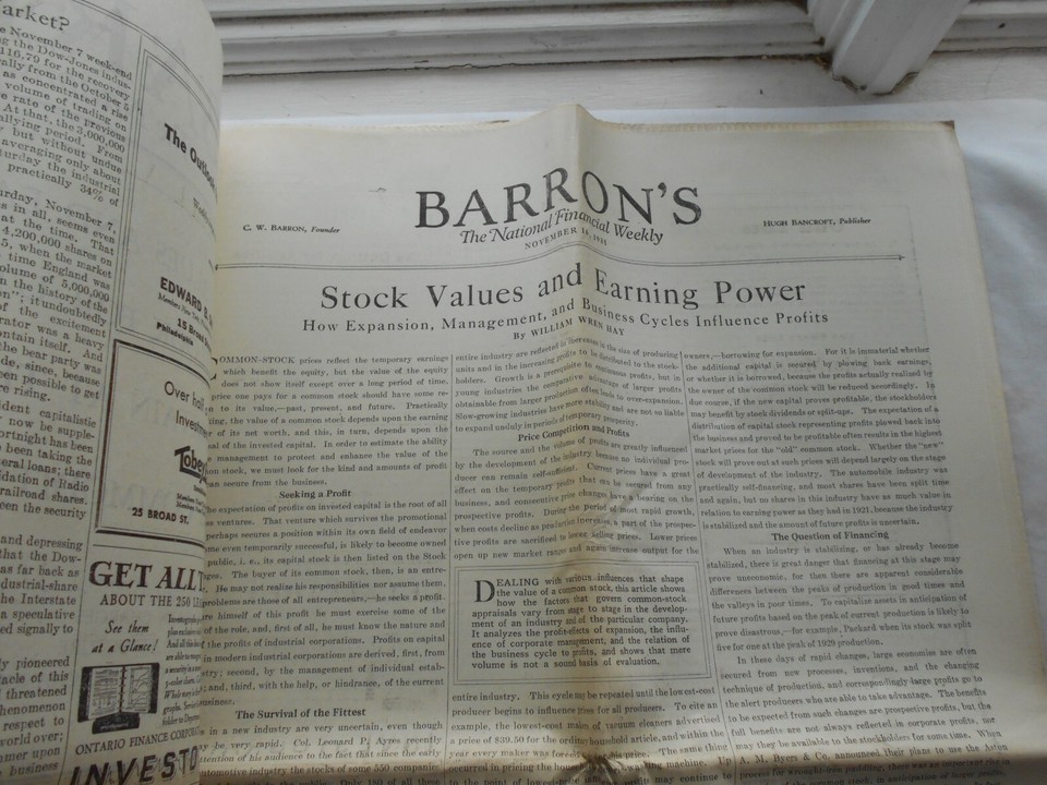 1931 NOV 16 BARRON'S FINANICIAL Newspaper/ DEPTH of THE GREAT ...