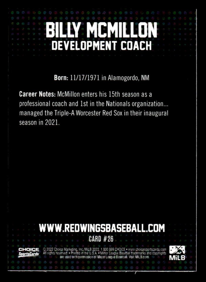 Billy McMillon 2022 Choice Rochester Red Wings #26 Rochester Red Wings ...