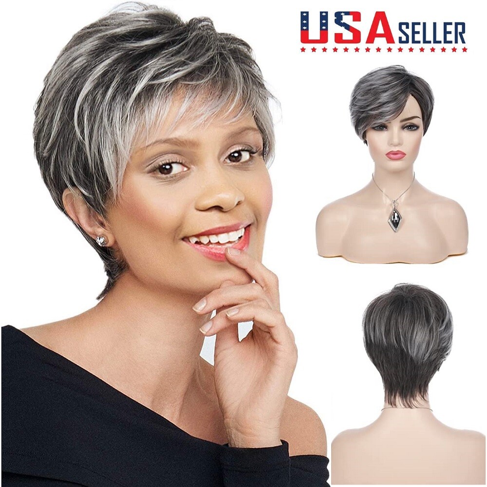 Short Layered Pixie Cut Dark Roots Gray Synthetic Hair Wigs For Women ...