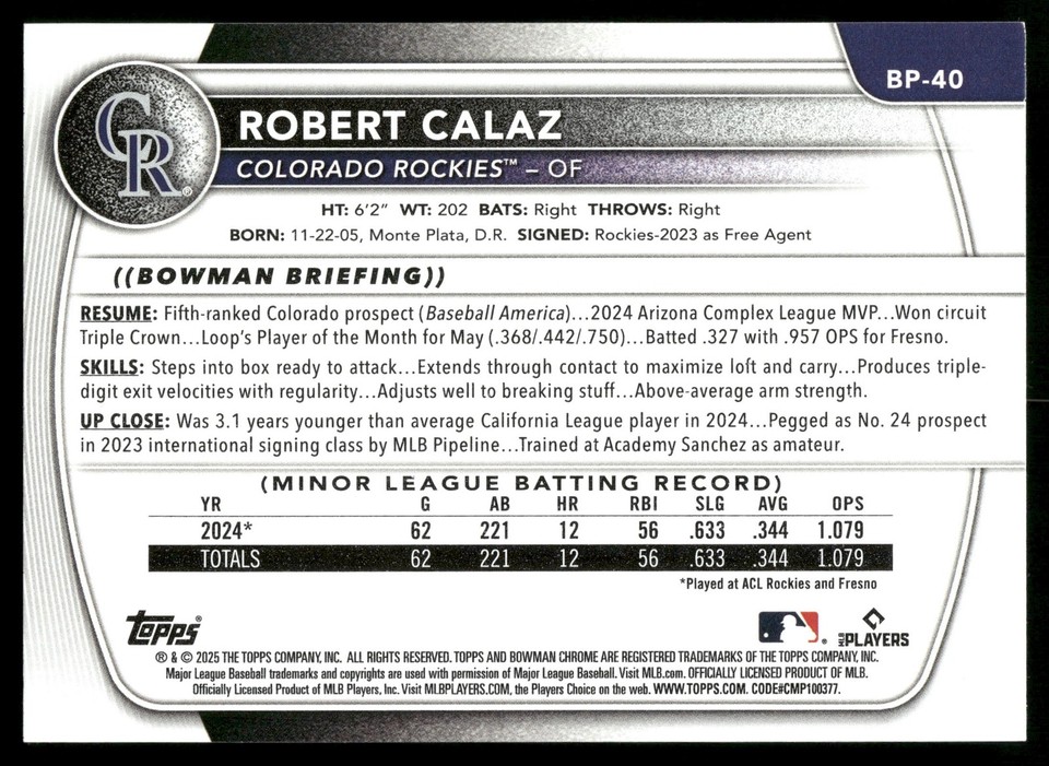 2025 Bowman Prospects #BP-40 Robert Calaz Colorado Rockies Baseball ...
