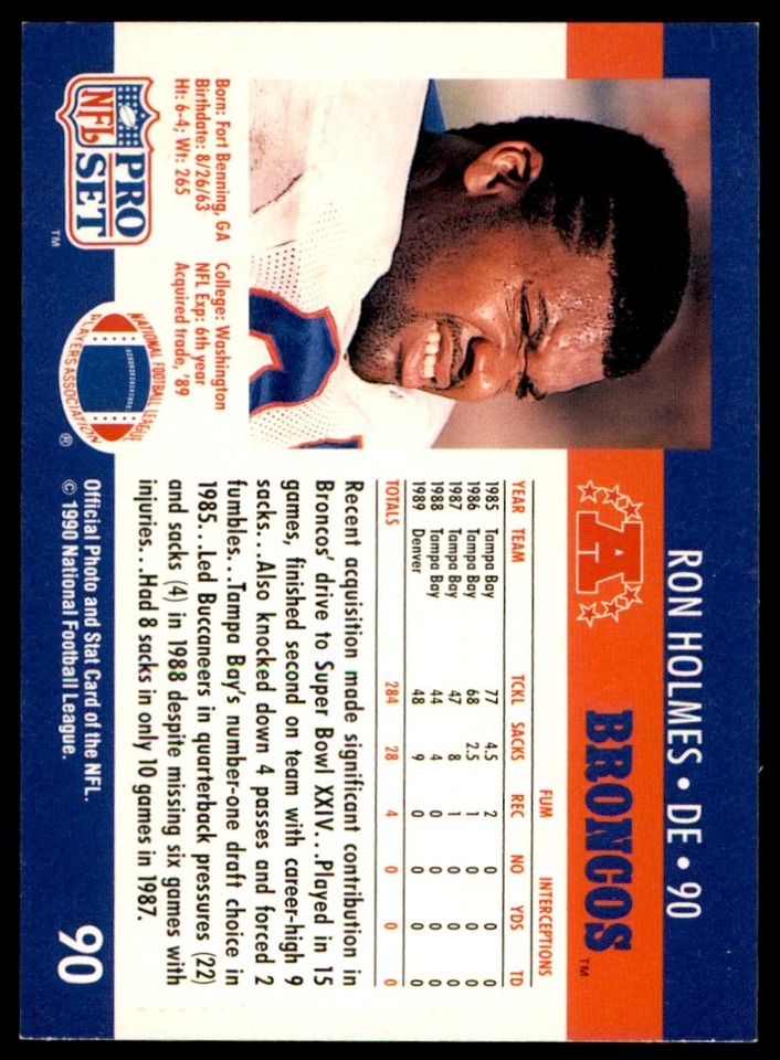 1990 Pro Set Ron Holmes Denver Broncos #90 | eBay