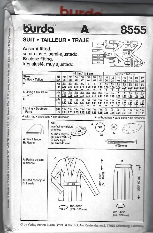 Burda 8555 Sewing Pattern - Jacket, Skirt-All Sizes 10-22-Uncut-Brand ...