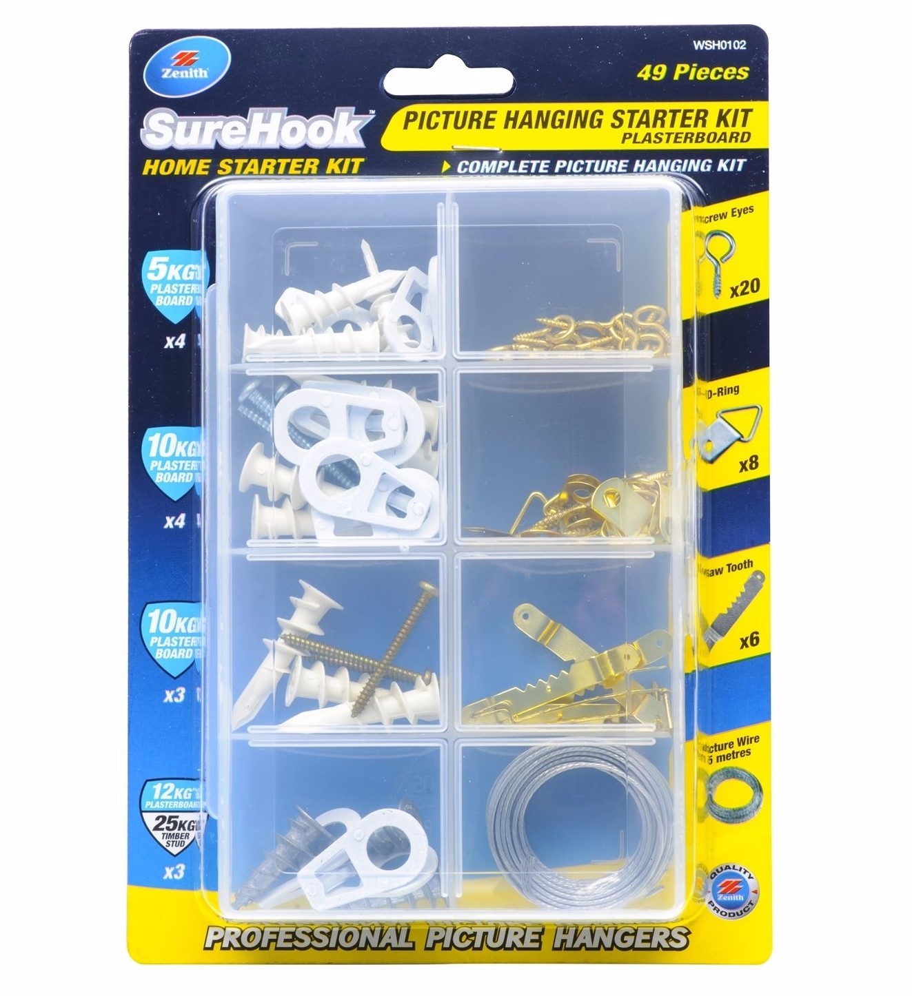 Zenith Sure Hook 49-PC PICTURE HANGING STARTER KIT Plasterboard Loads 5 ...