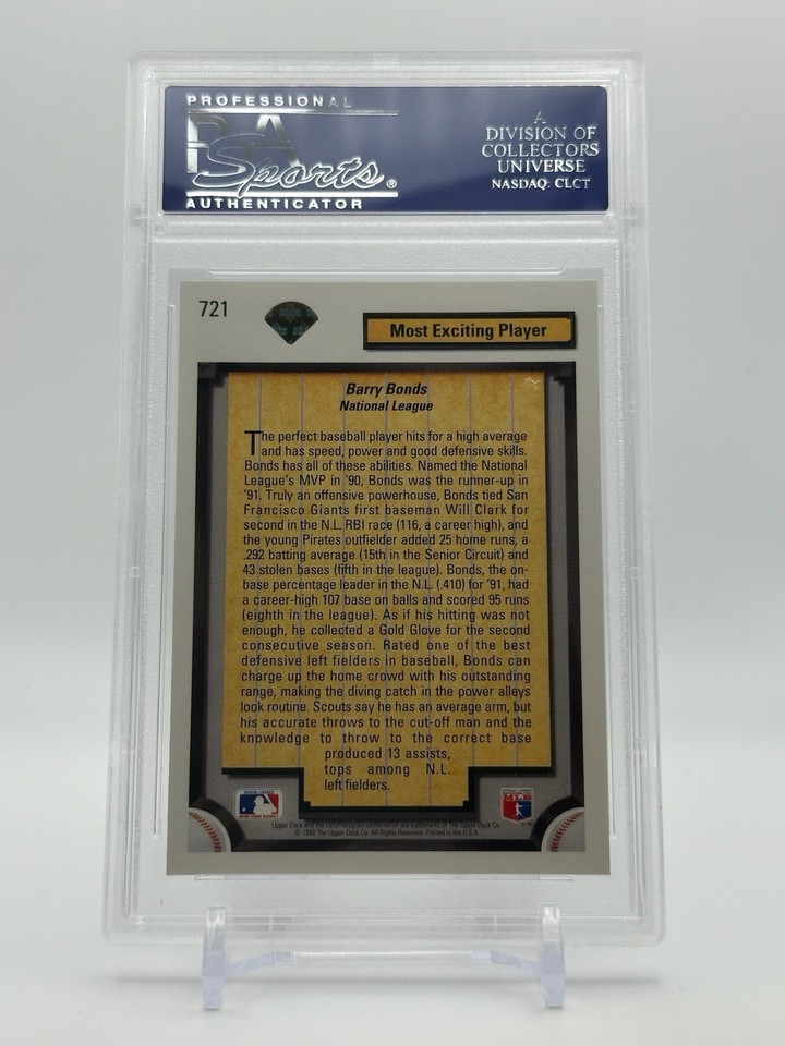 1992 UPPER DECK BARRY BONDS #721 GOLD HOLOGRAM PITTSBURGH PIRATES PSA ...