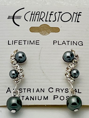 Vintage Charlestone Silver Tone Faux Pearl 32 Crystal Titanium Post Earrings | eBay