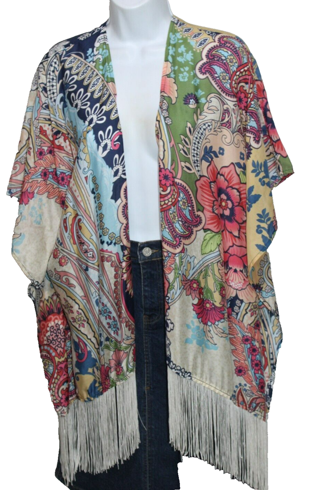 Chicos Small Medium Ella Paisley Fringed Ruana Kimono Boho Colorful ...