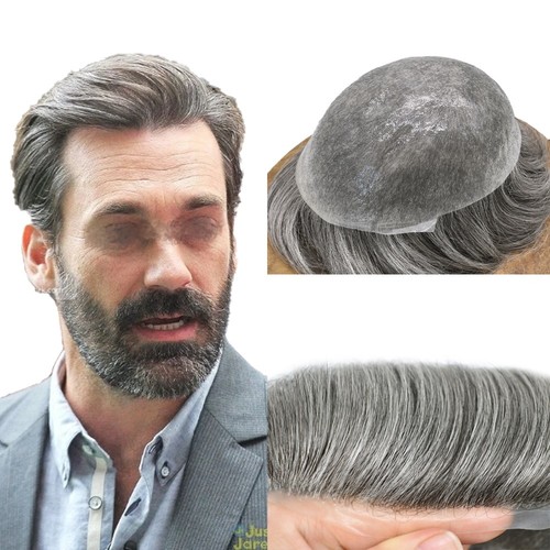 Thin Skin Mens Toupee Black Gray Hairpiece V-LOOP Invisible Poly PU ...