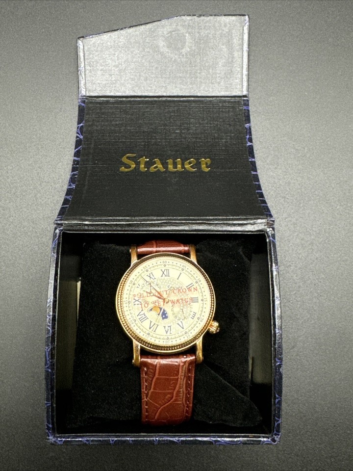 Mens Stauer Round Gold Tone Moonphase Brown Leather Strap Analog Watch ...