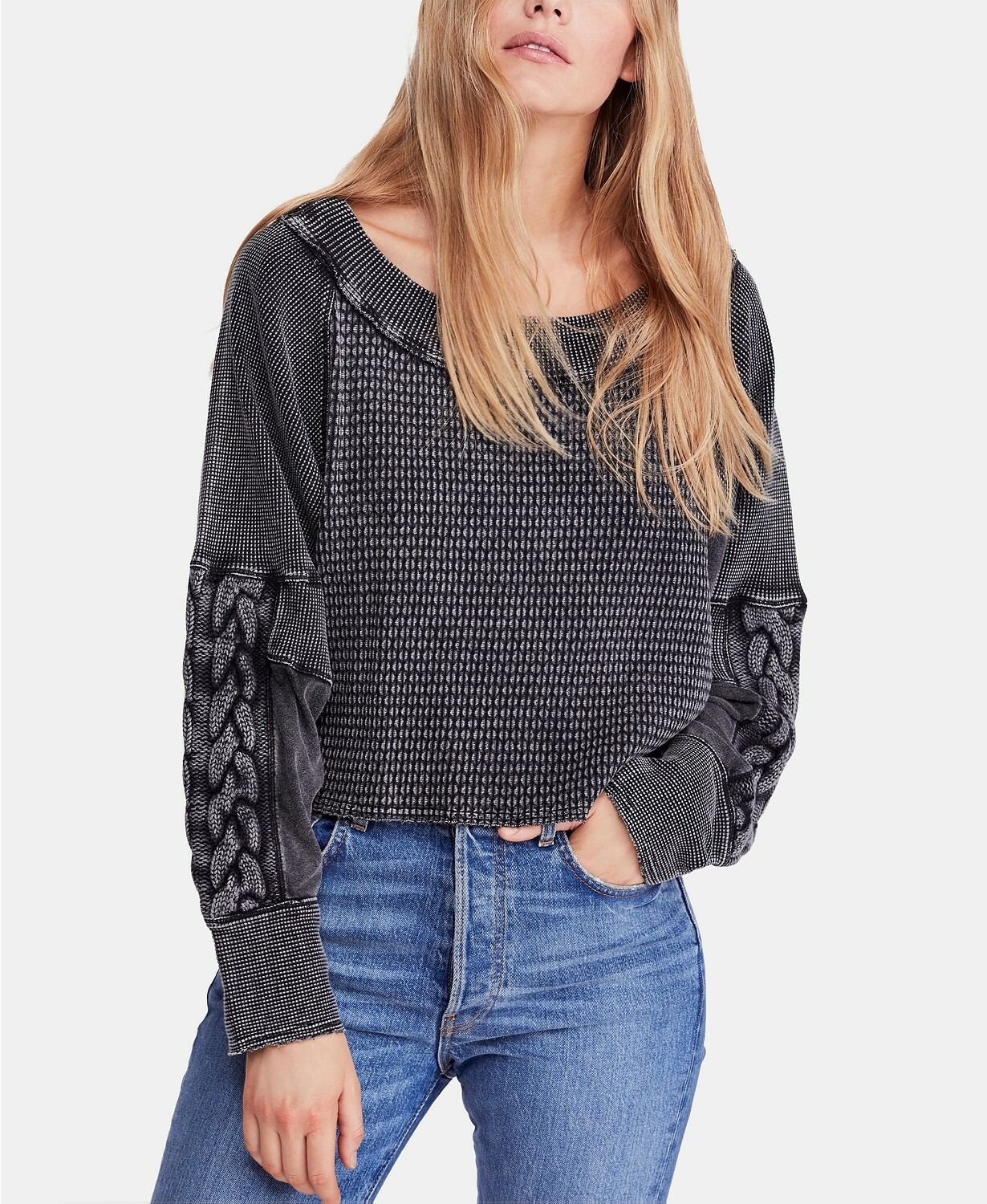 $128 Free People Josie Waffle Knit Top Sweater Ivory White Cable ...