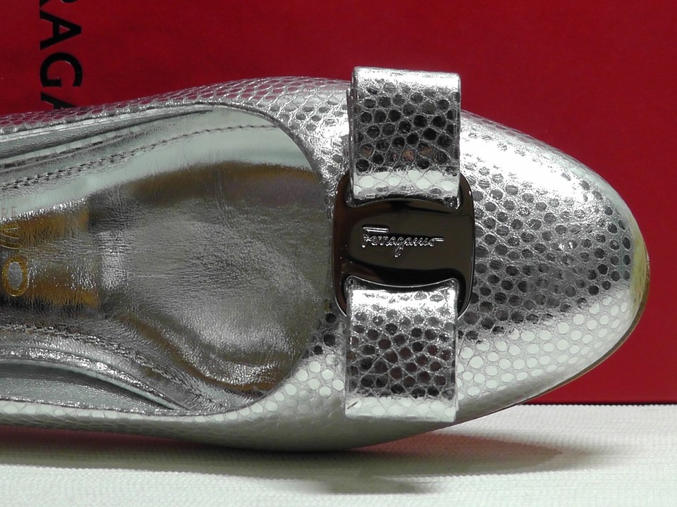 Salvatore Ferragamo ARGENTO Leather Varina Bow Lizard Embossed Flats ...