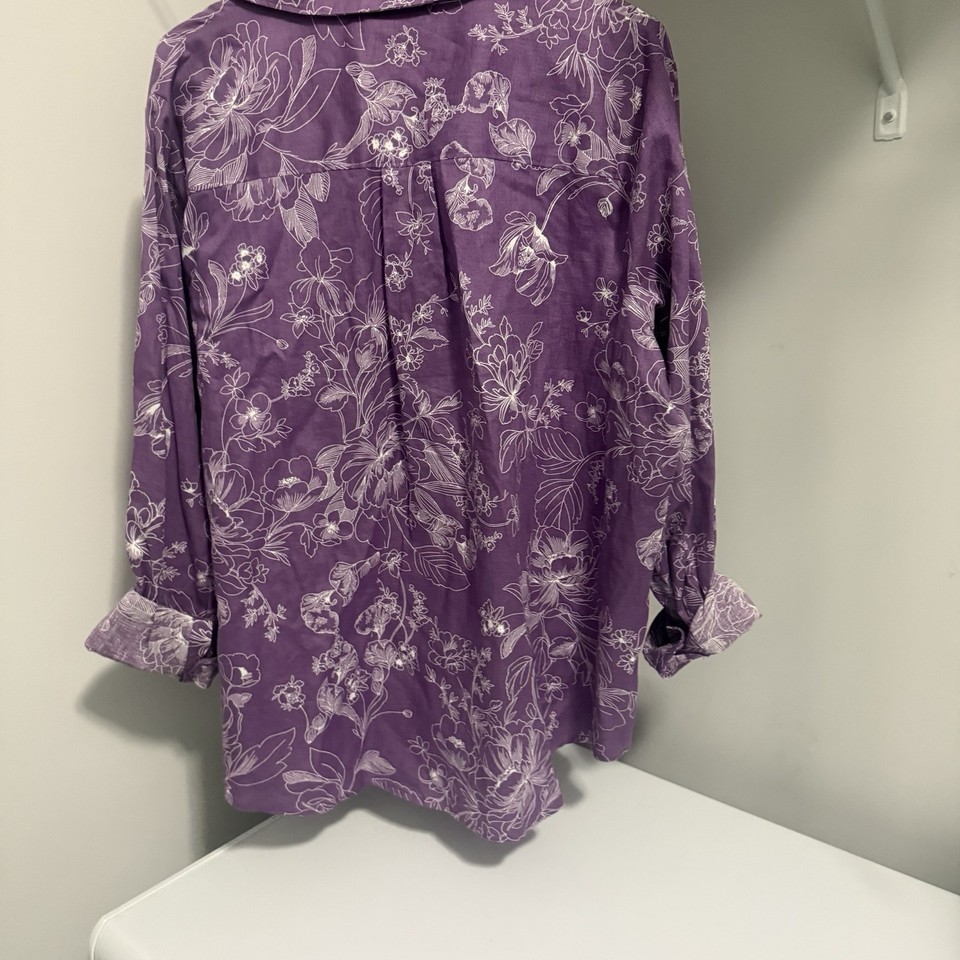 Liz Claiborne Button Down Shirt XXL Purple Floral Print Roll Tab Sleeve ...