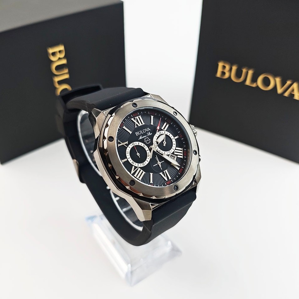 Bulova Men's Marine Star Black Dial Quartz Silicone Strap Watch 44mm ...